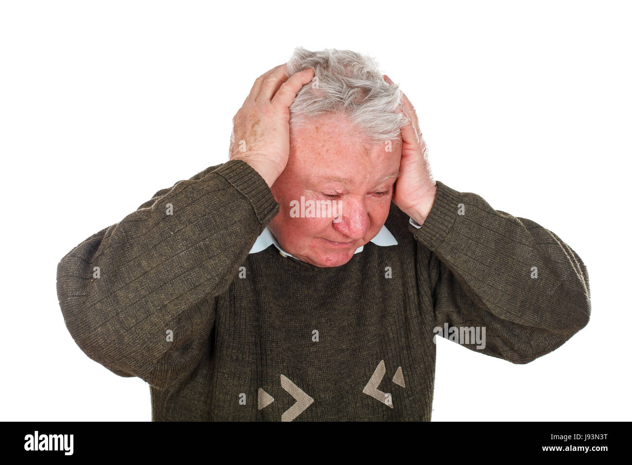 Picture of an old man having a serious headache - isolated background ...