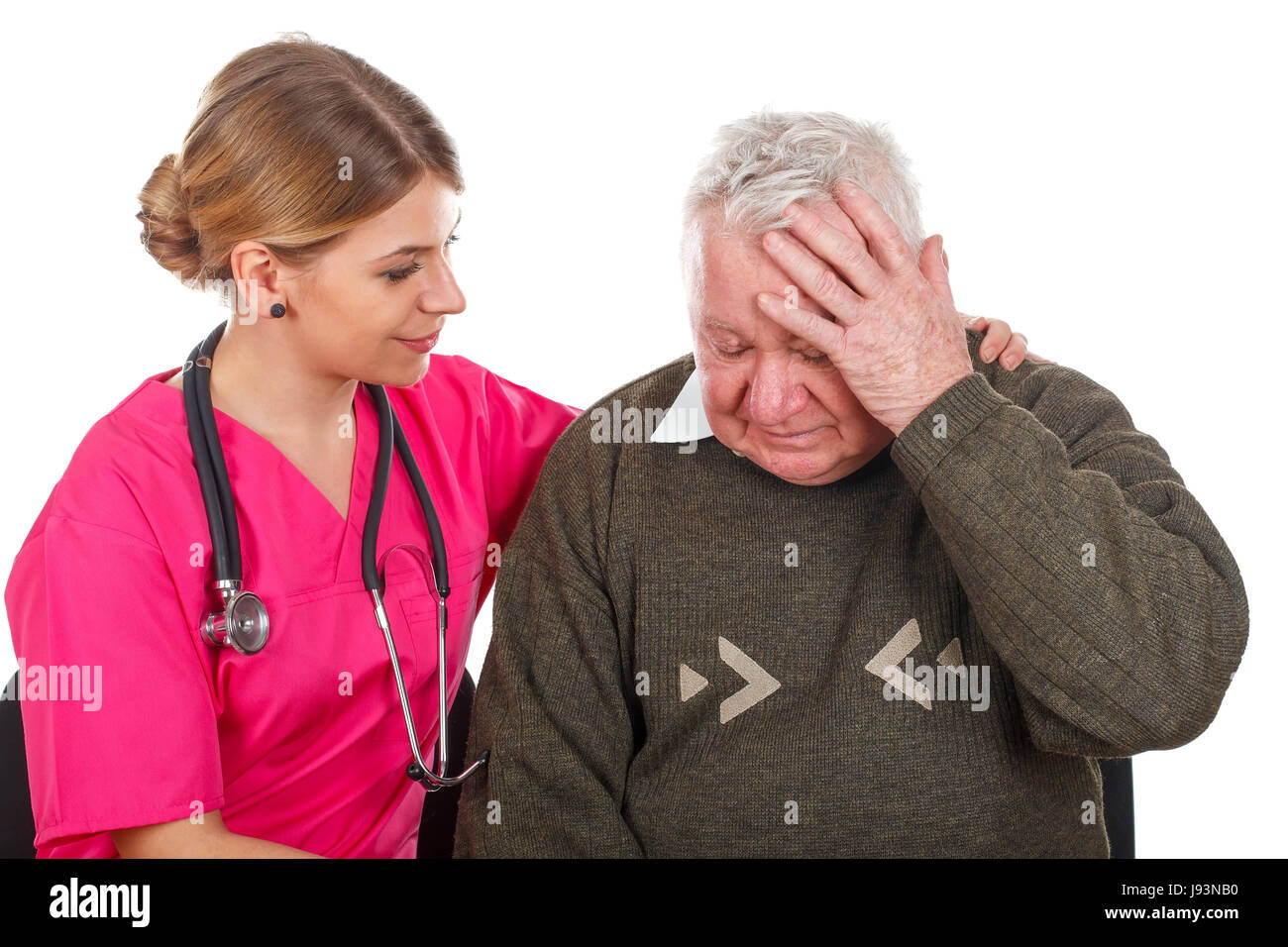 Picture of an old man having a serious migraine - isolated background ...
