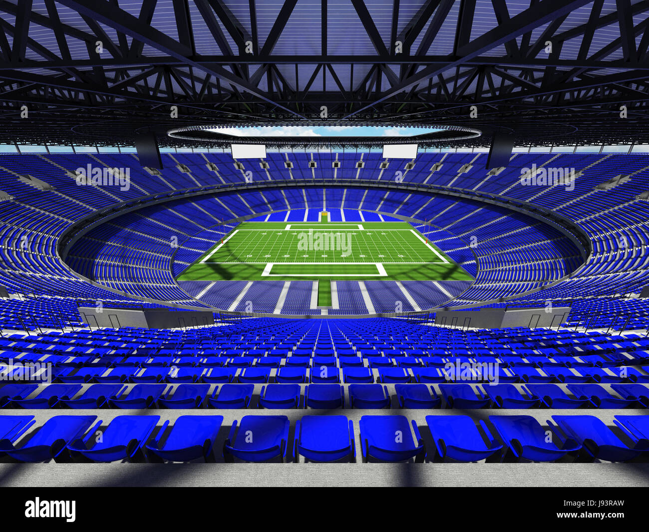 3D render of a round football stadium with blue seats for hundred ...