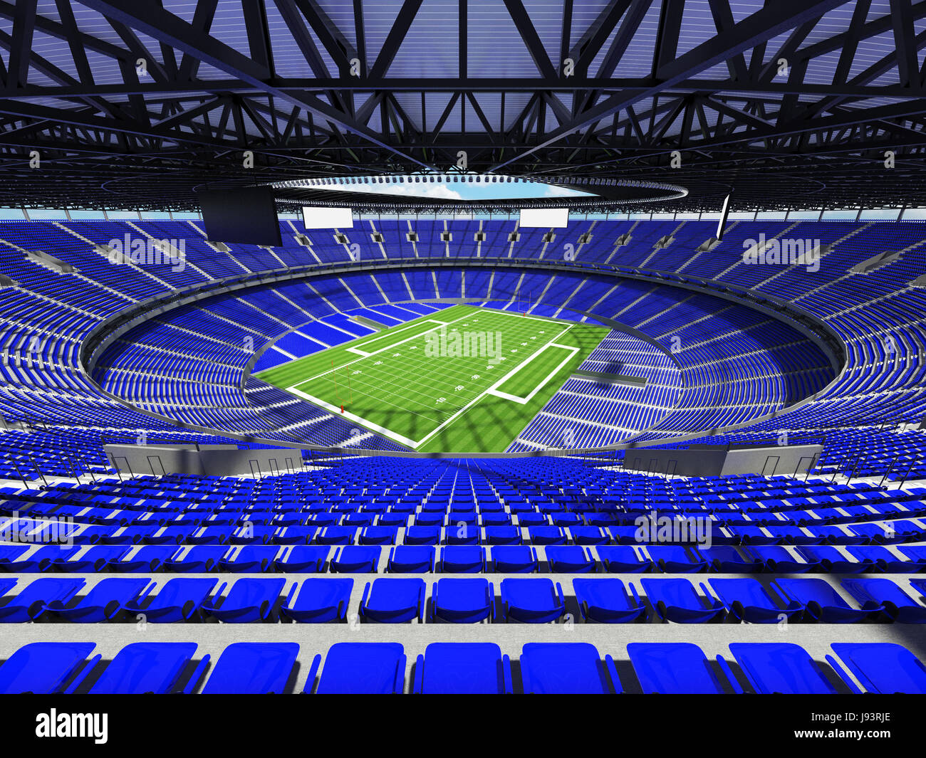 3D render of a round football stadium with blue seats for hundred ...