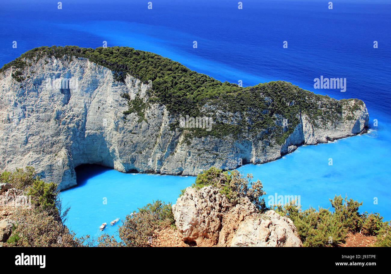 Blue lagoon of Navagio Beach in Zakynthos island, Greece Stock Photo ...