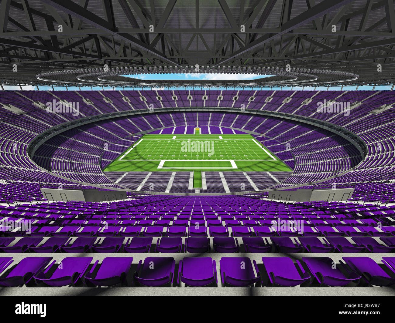 3D render of a round football stadium with purple seats for hundred ...
