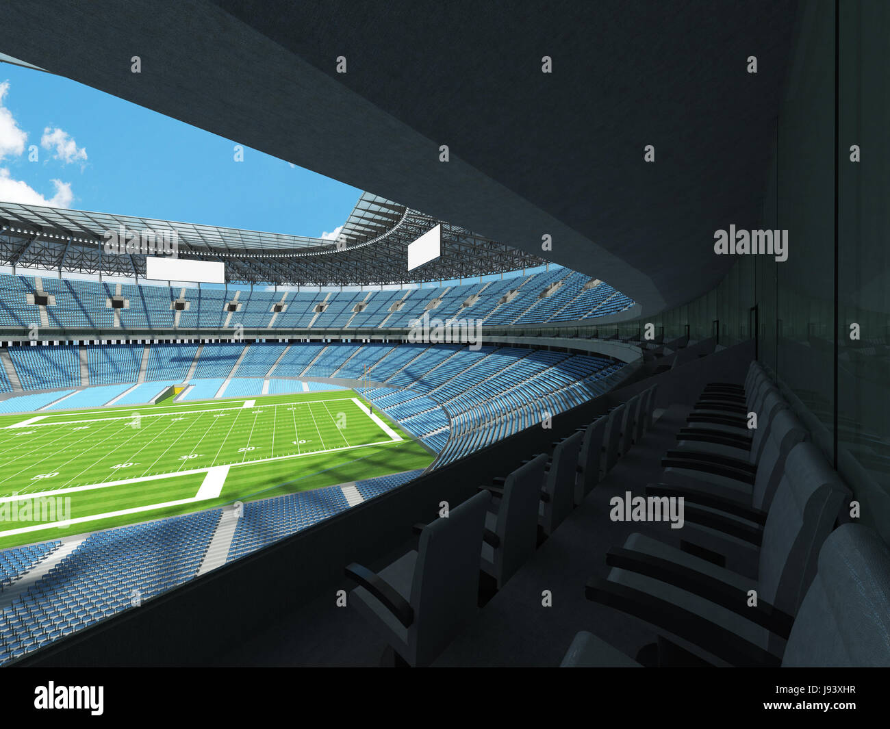 3D render of a round football stadium with sky blue seats, VIP boxes ...