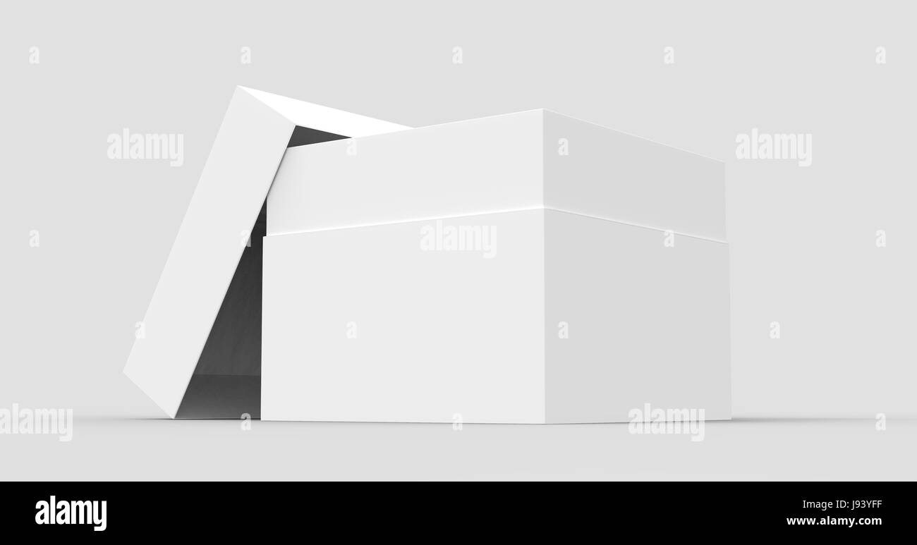 tilt white flat 3d rendering blank open box, isolated gray background ...