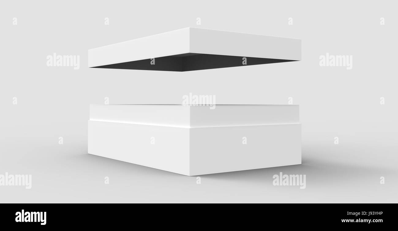 tilt white flat 3d rendering blank open box, isolated gray background ...