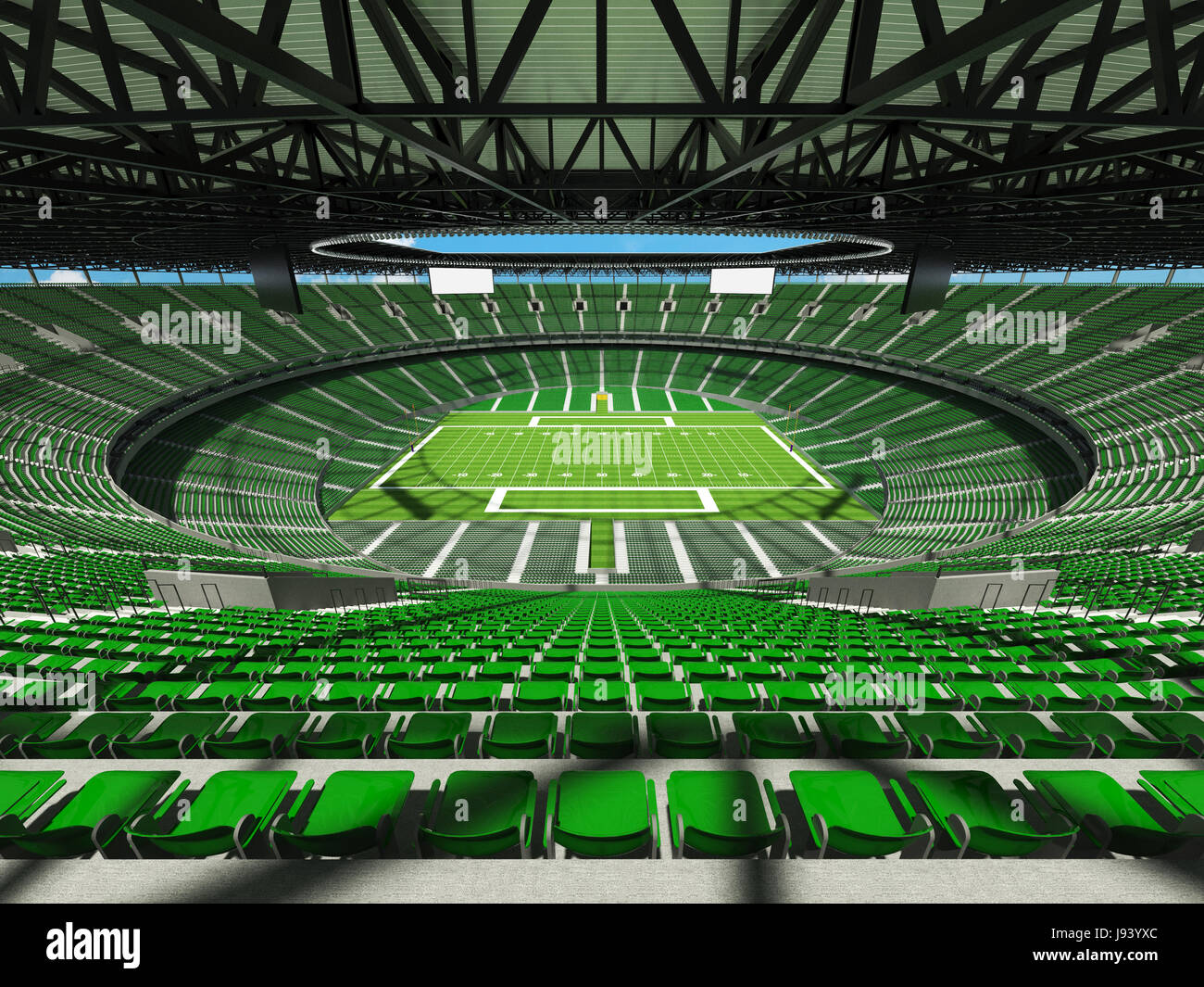 3D render of a round football stadium with green seats and VIP boxes ...