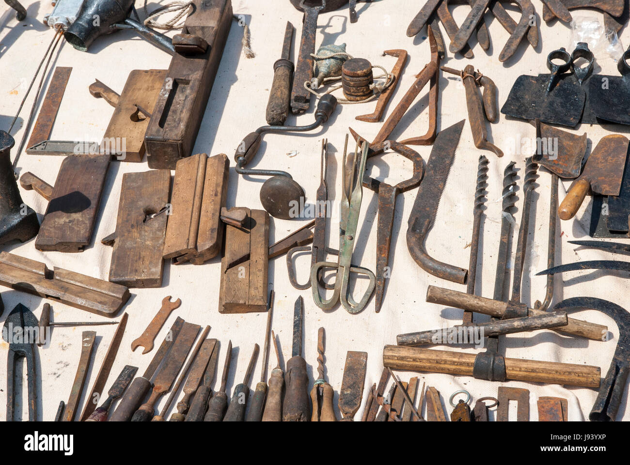 Various rusted vintage metal tools - hammer, pliers, chisels Stock ...