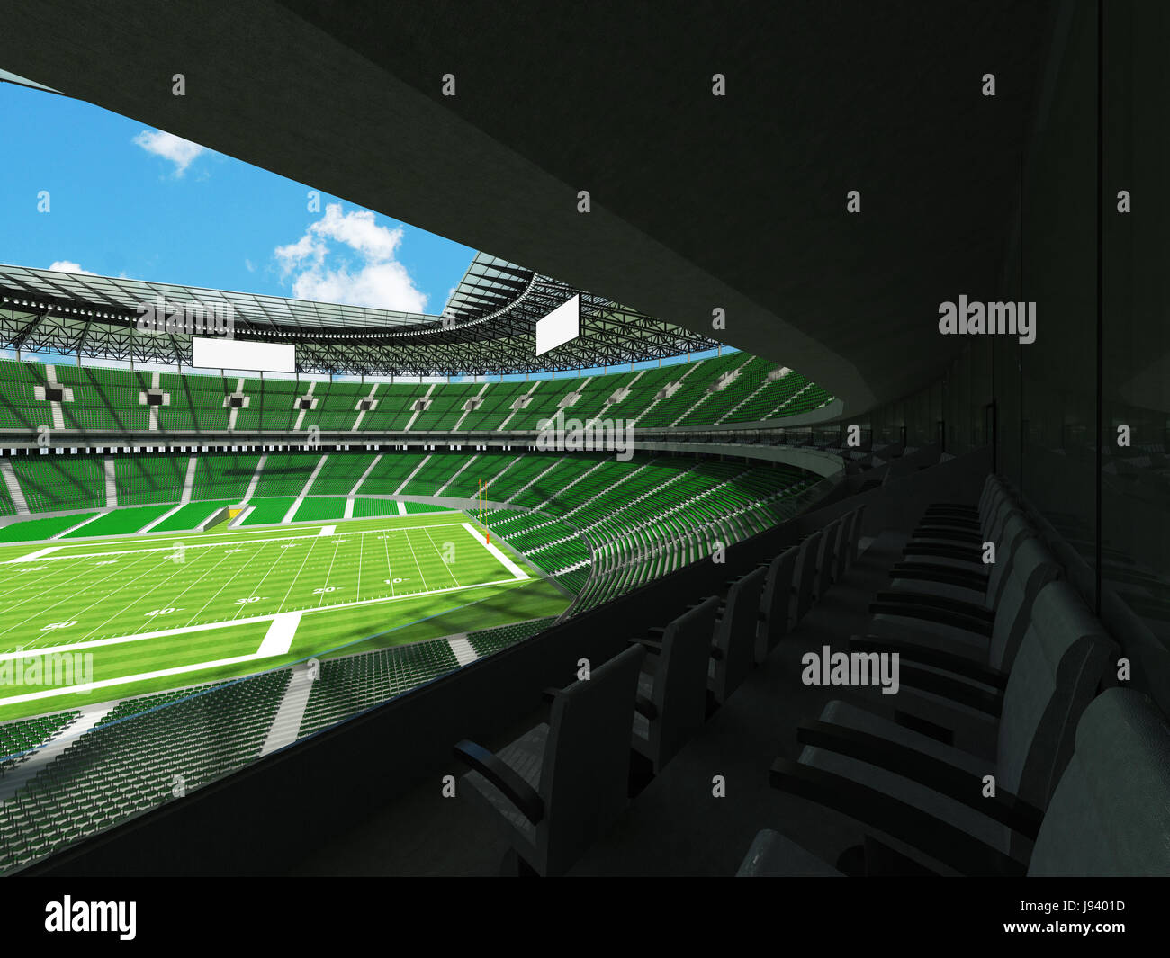 3D render of a round football stadium with green seats and VIP boxes ...
