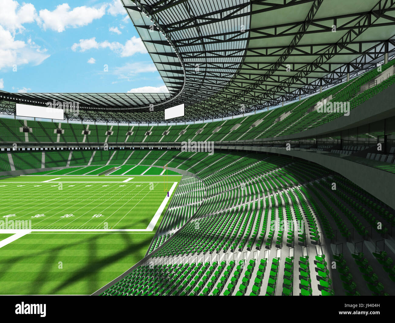 3D render of a round football stadium with green seats and VIP boxes ...