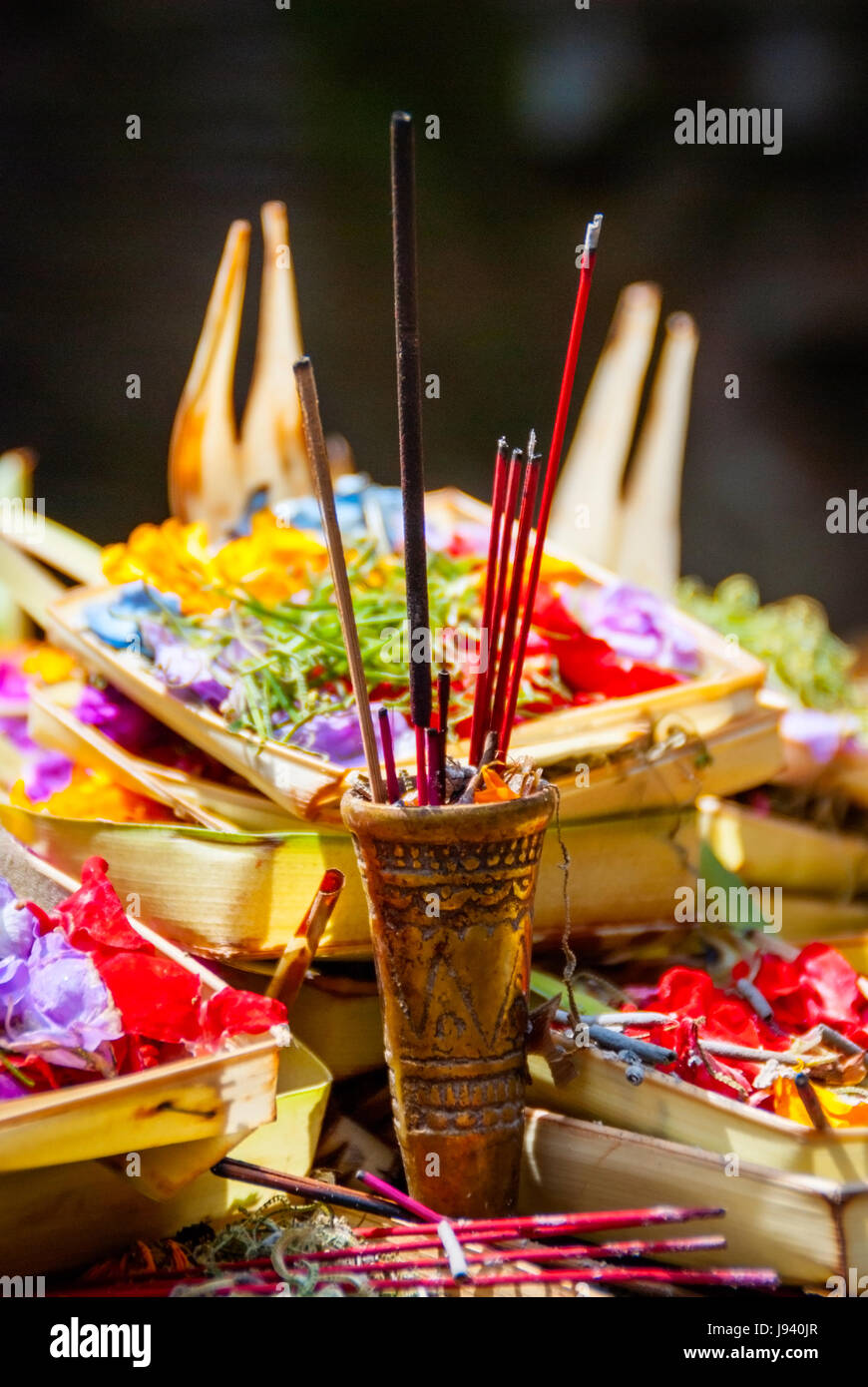 Hindu offerings and gifts to god in the temple in Bali, Indonesia Stock ...