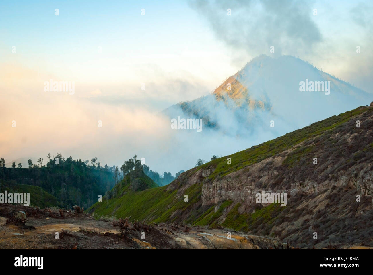 View over volcanic landscape at Kawah Ijen in Morning dawn, Java ...