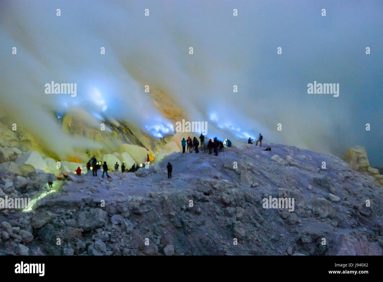 Blue lava aka. fire at Kawah Ijen crater, Java, Indonesia Stock Photo ...