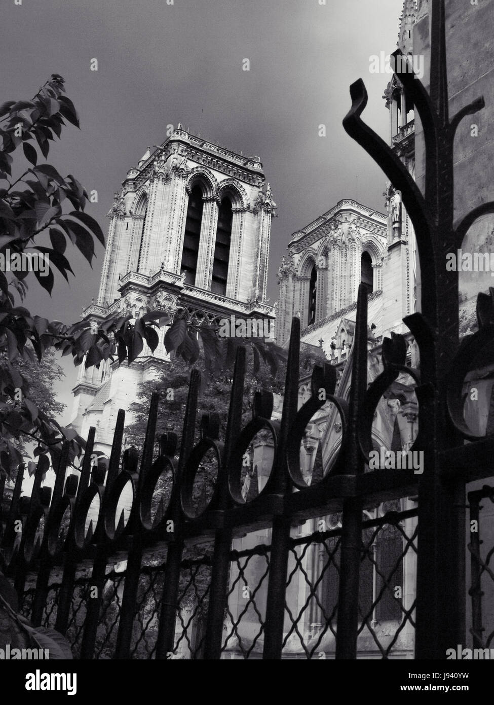 Notre Dame, Paris, France, with a side view shot over a fence Stock ...