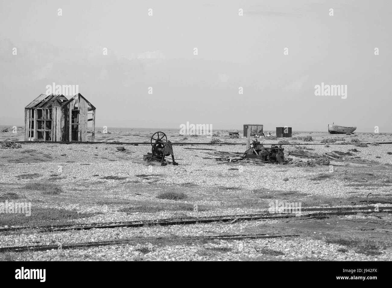 Dungeness landscape in black and white Stock Photo - Alamy