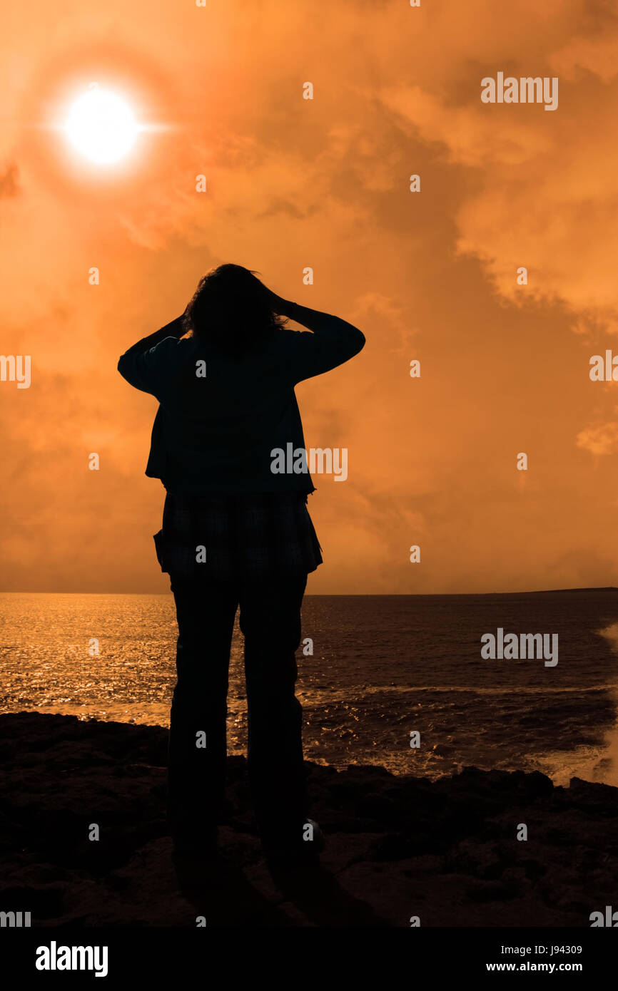 female, emotional, sunset, depression, silhouette, edge, contemplating ...