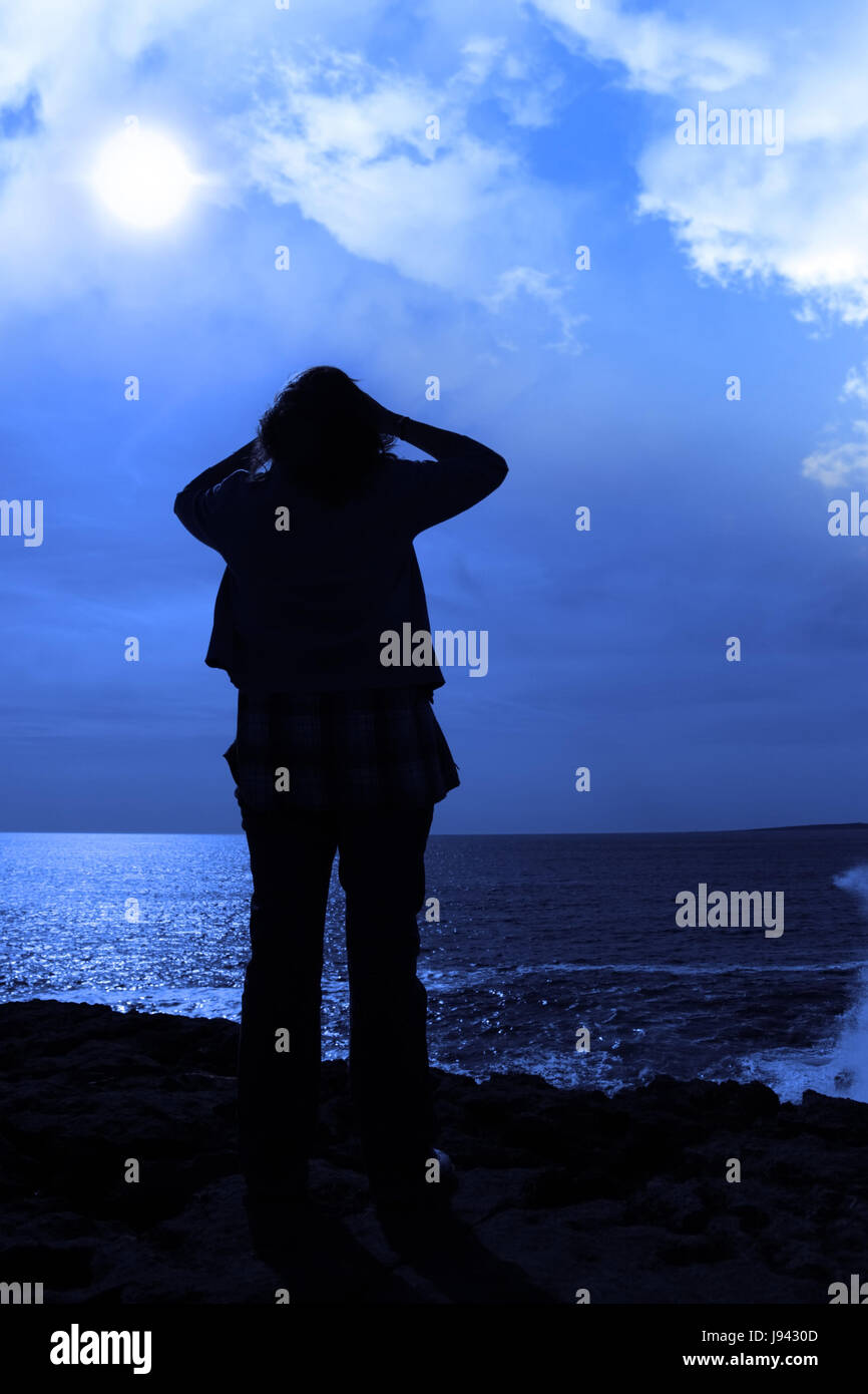 female, emotional, sunset, depression, silhouette, edge, contemplating ...