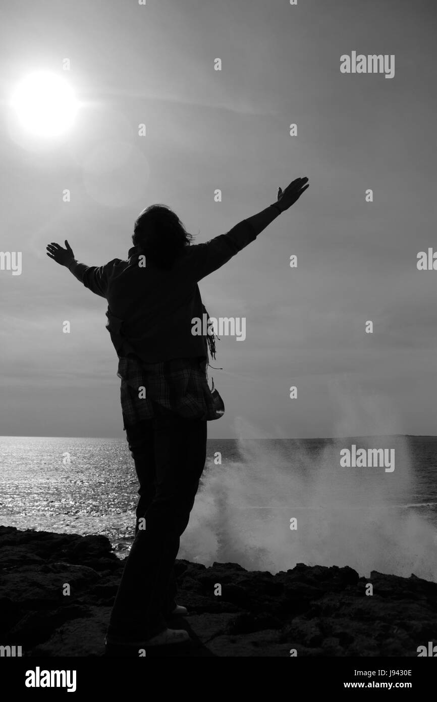 female, emotional, sunset, silhouette, gratitude, thanks, contemplating ...