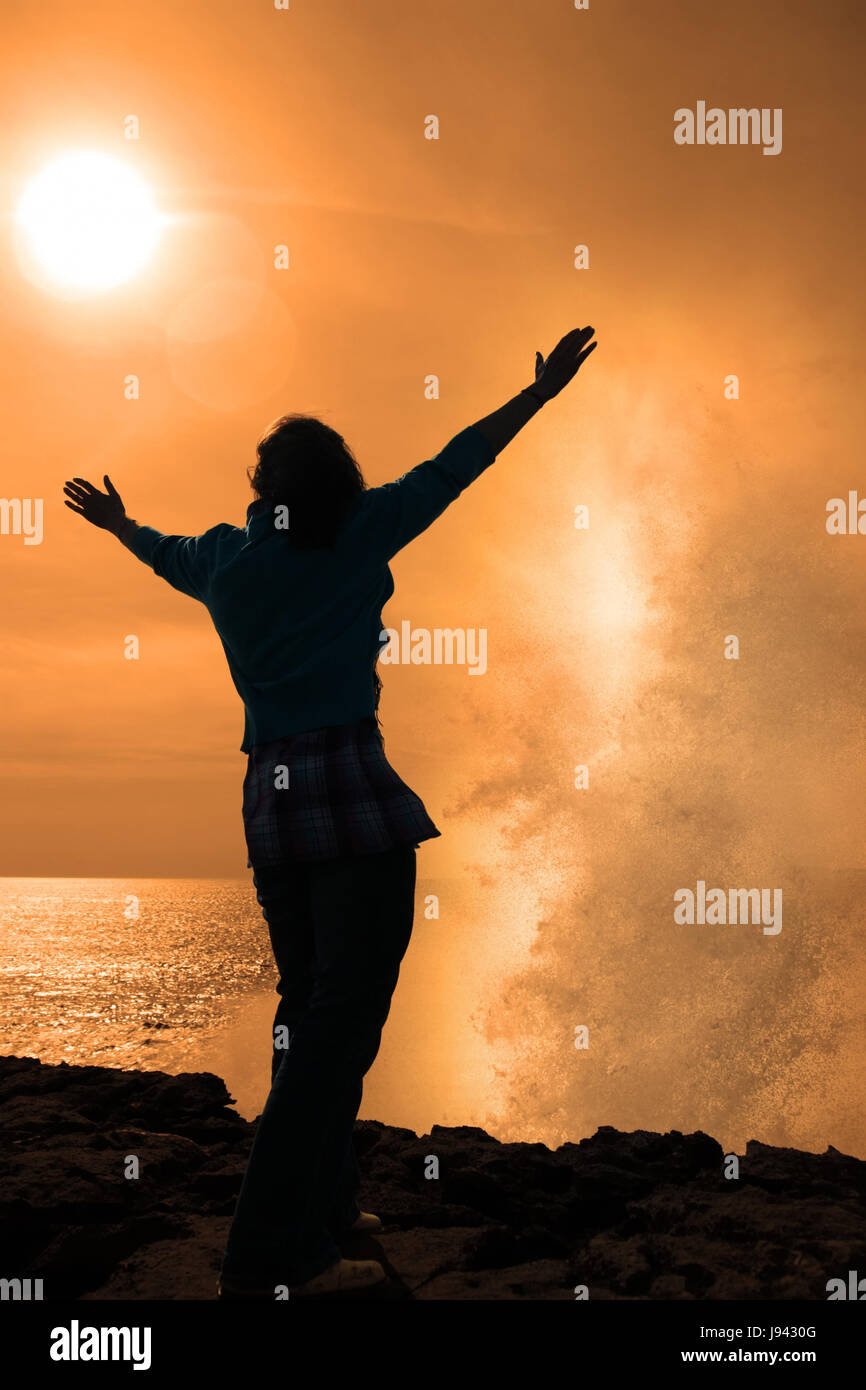 female, emotional, sunset, silhouette, gratitude, thanks, contemplating ...