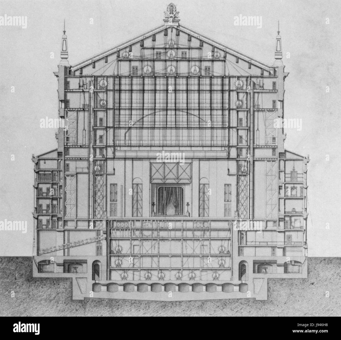 This is a transverse section drawing of the stage house in the Palais ...