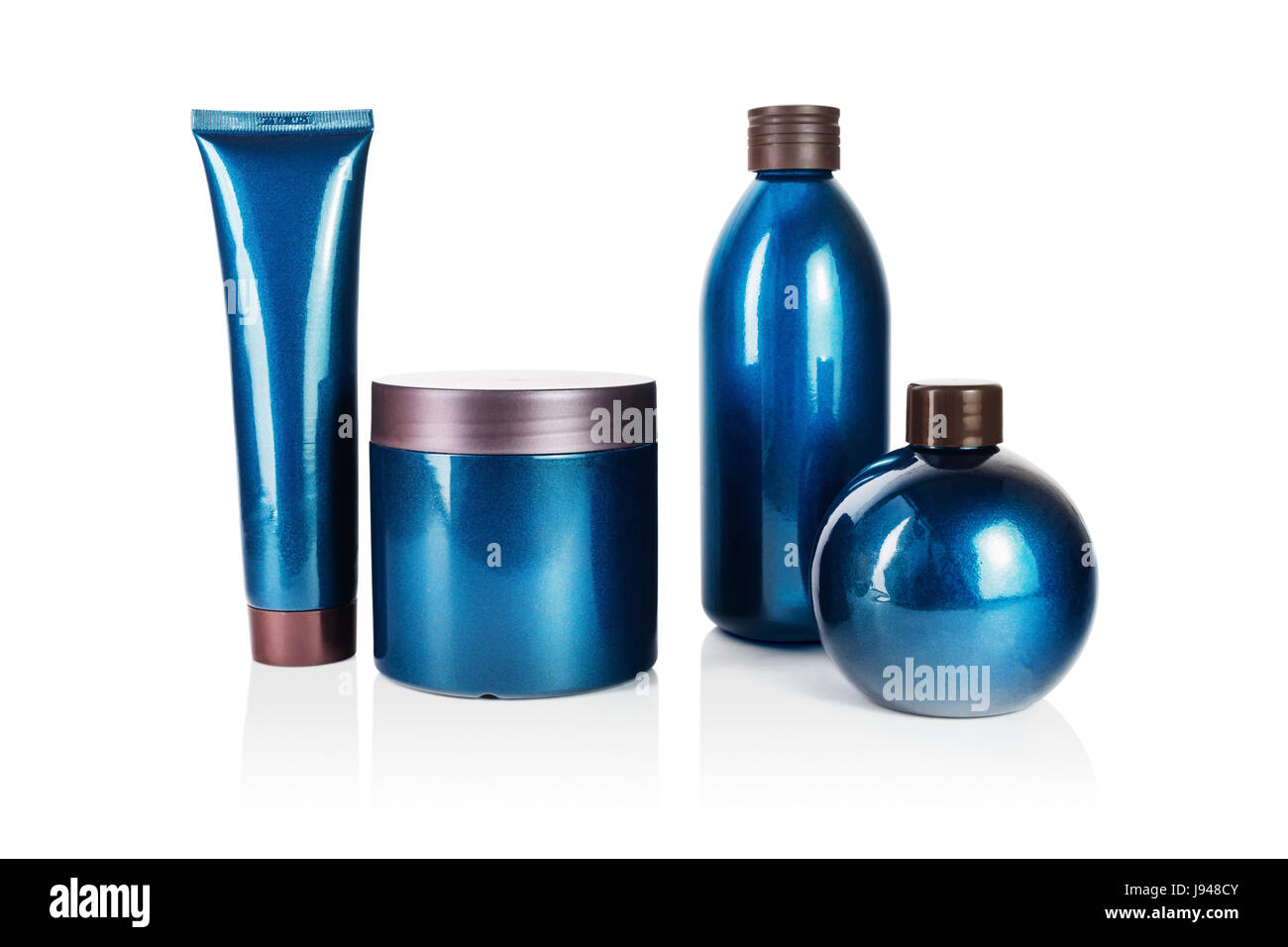 Blank blue cosmetic containers on white background. Plastic bottles ...