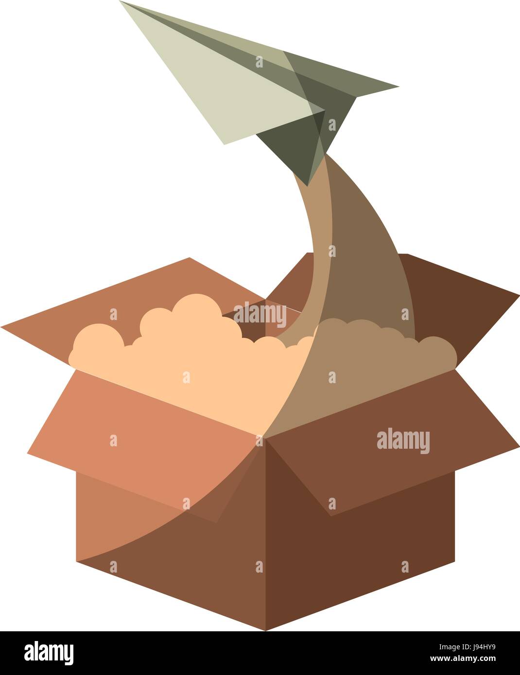 colorful silhouette of cardboard box and paper plane flying without ...