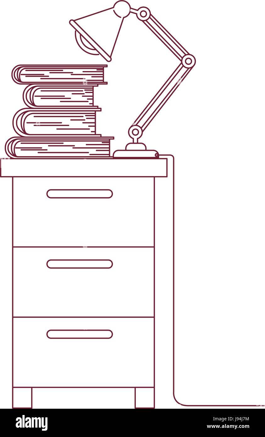 dark red line contour of filing cabinet with lamp and books Stock ...