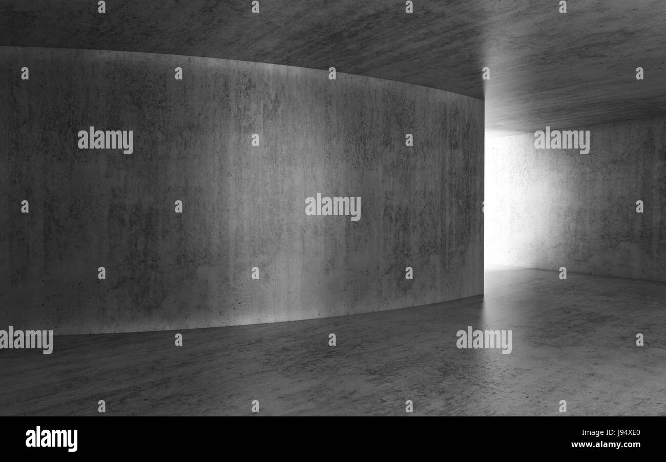 Abstract dark room with glowing doorway, empty concrete interior, 3d ...