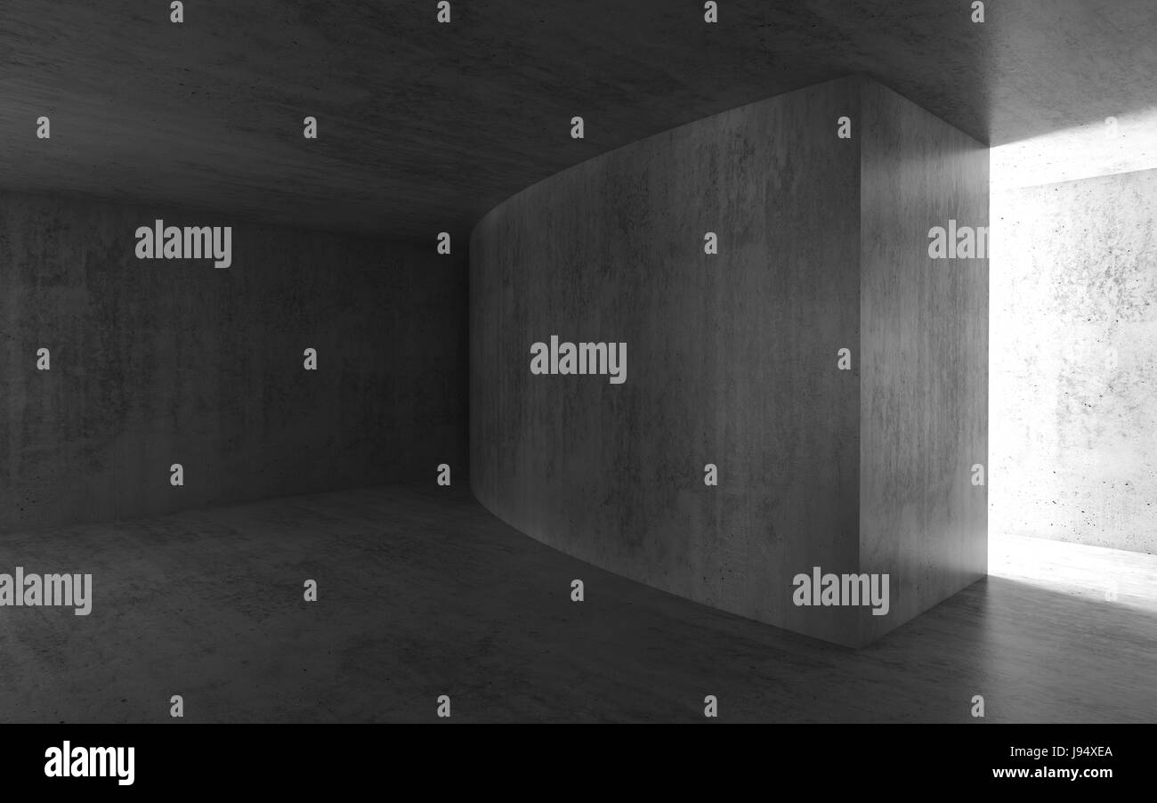 Abstract dark room with glowing doorway, empty concrete interior ...