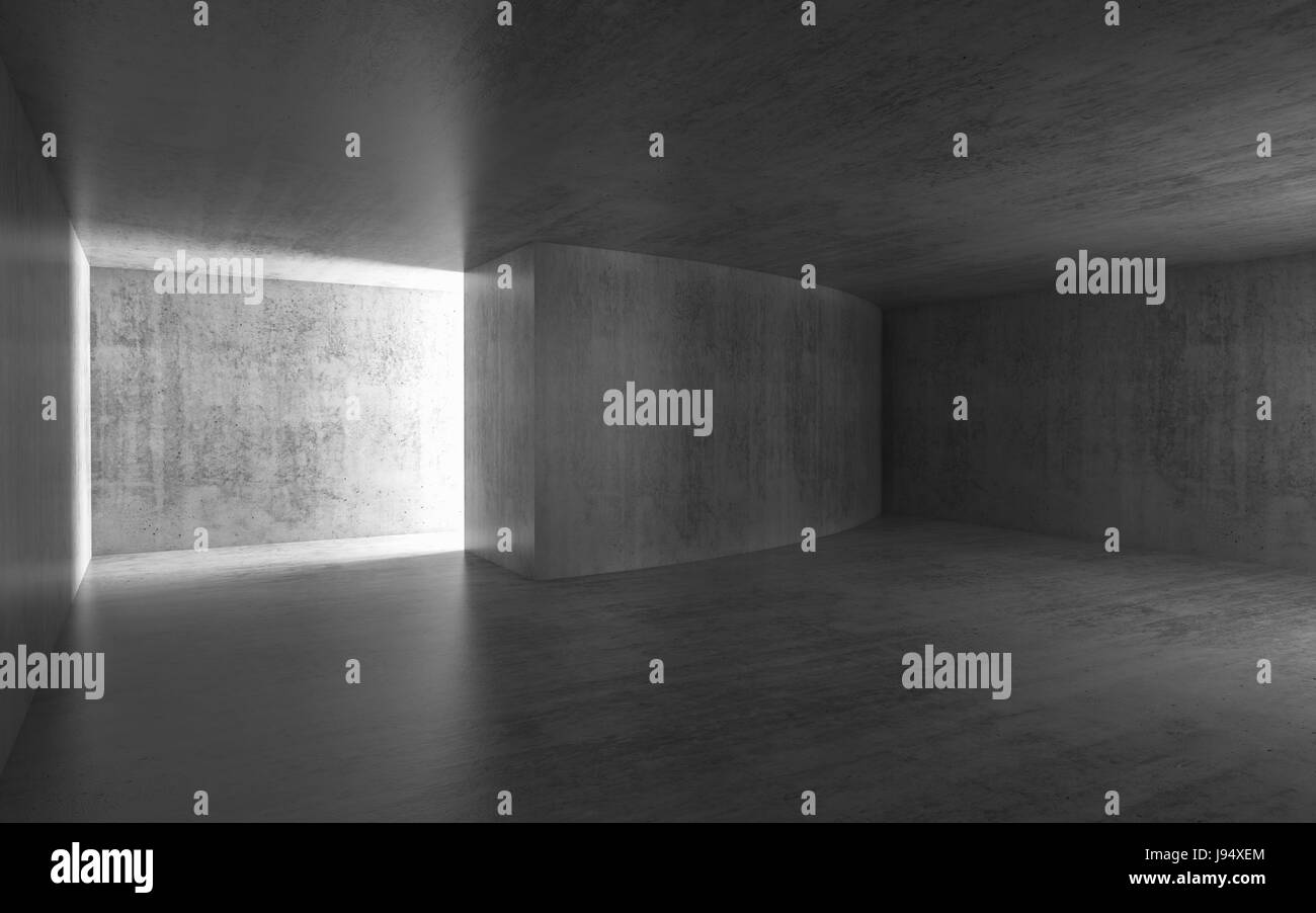 Abstract dark room with glowing doorway, empty concrete interior ...