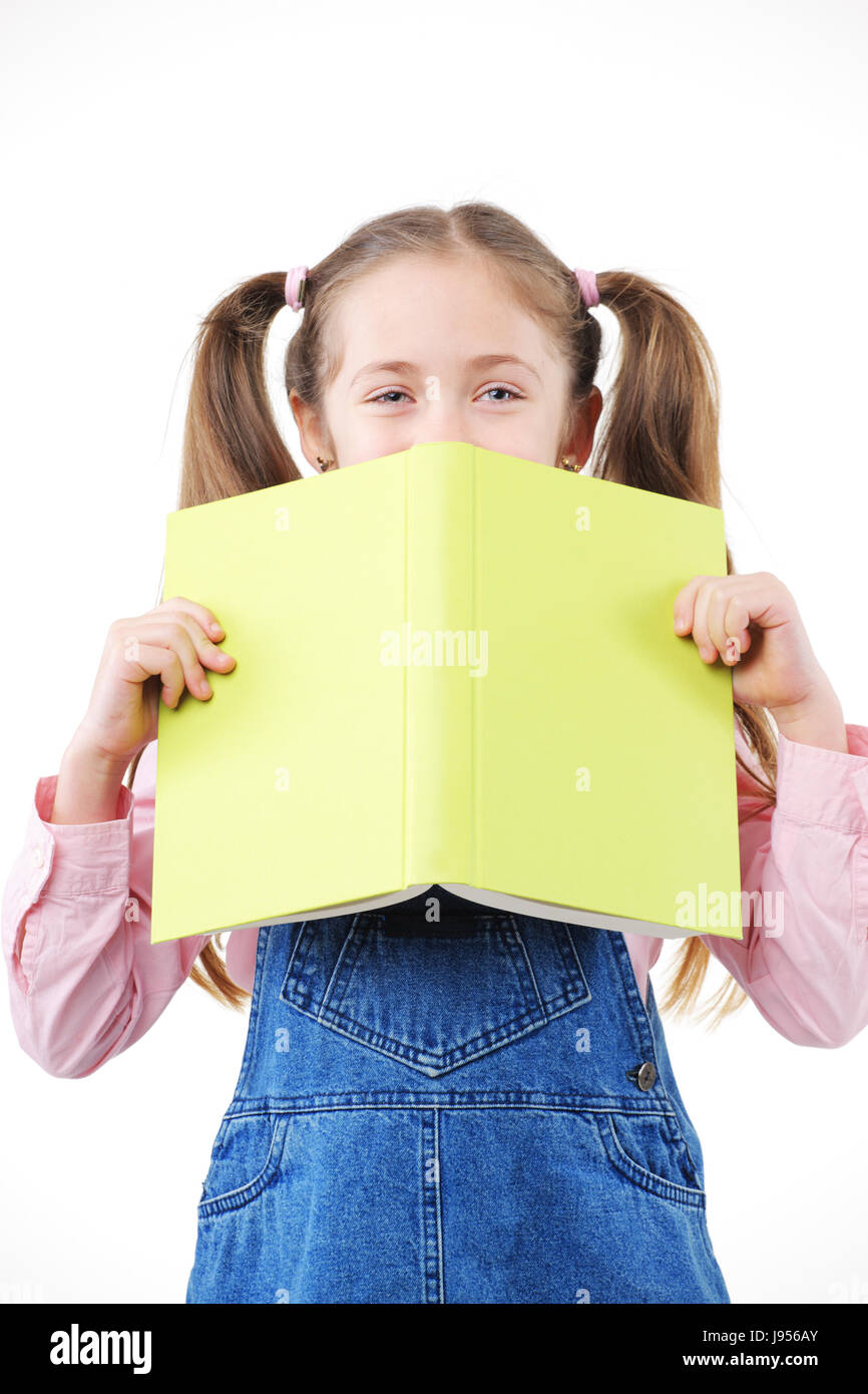 Beautiful little girl student hold textbook on white background Stock ...