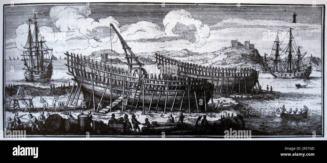 The image represents a shipyard, a place where ships are built ...