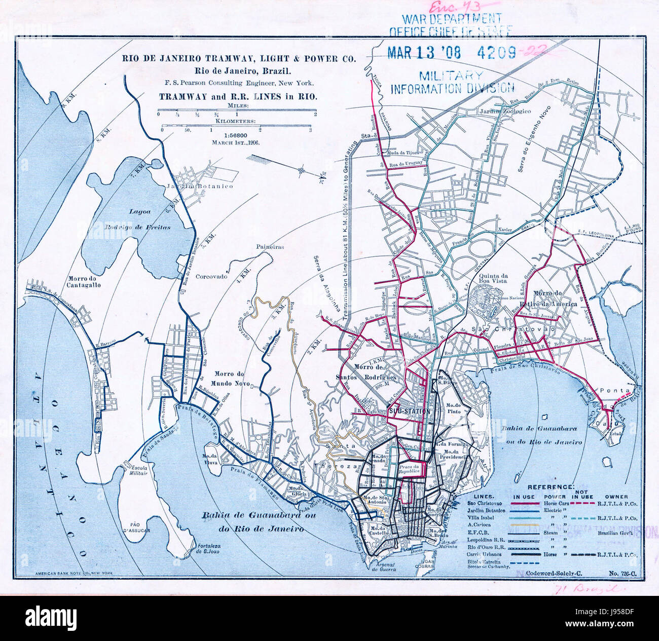 The 1906 Rio de Janeiro Tramway Map shows the city's tram system ...