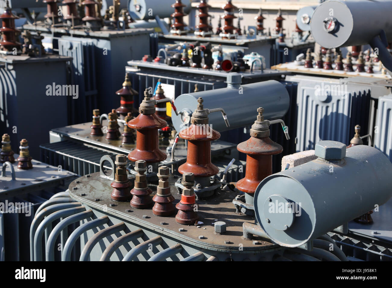 Many voltage transformers in a polluting and hazardous electrical ...