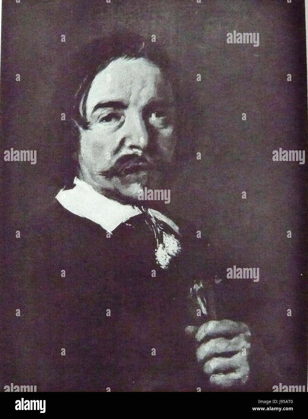 This portrait depicts a man wearing a tassel collar, holding gloves or ...