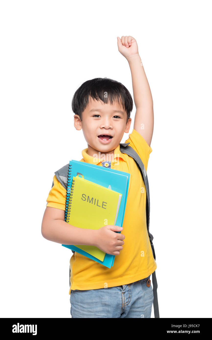 Portrait of cute smiling boy with backpack and colorful books with hand ...