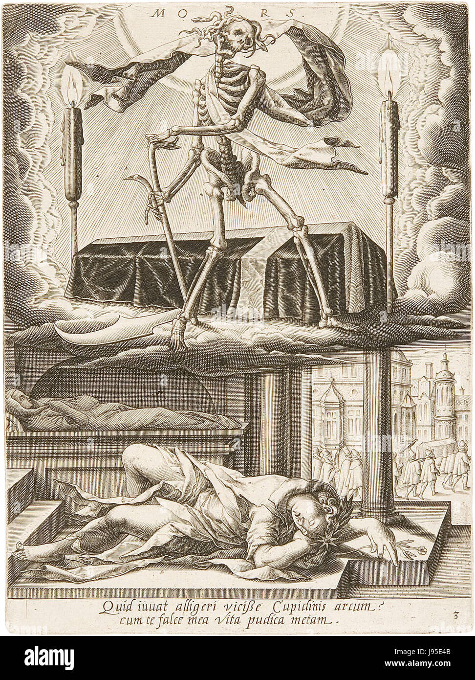 This artwork by Greuter, titled 'Petrarch Triumph 3 Death,' depicts a ...