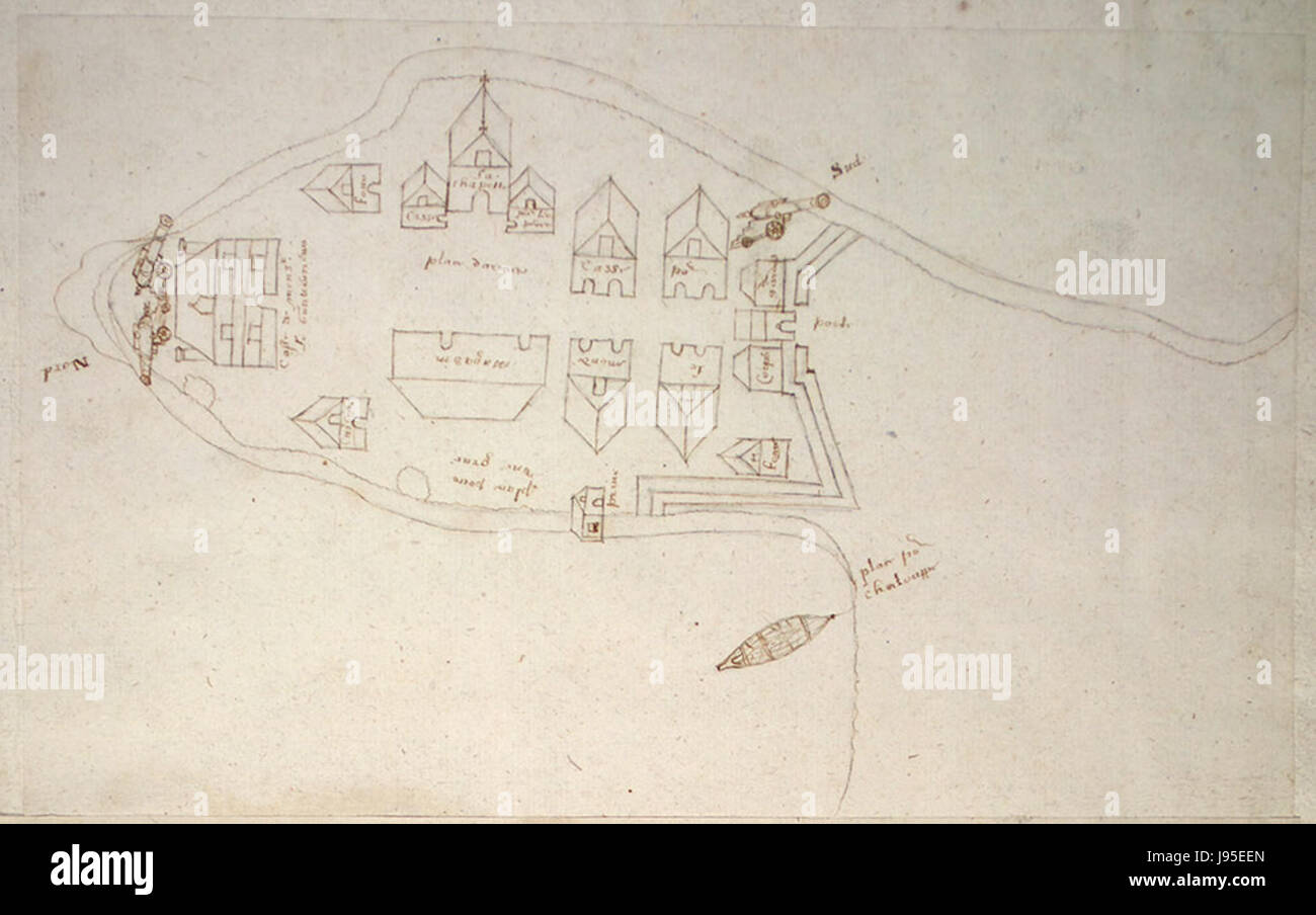 The 1647 plan of Montreal by Jean Bourdon depicts the early layout of ...