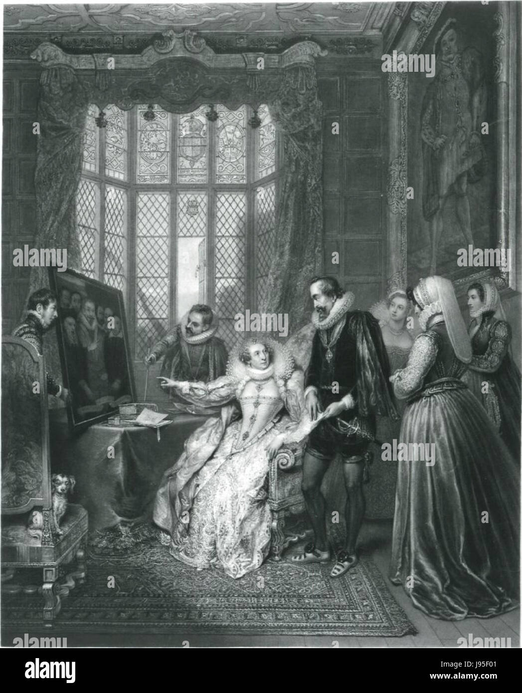 This scene depicts Queen Elizabeth I, accompanied by her secretary Sir ...