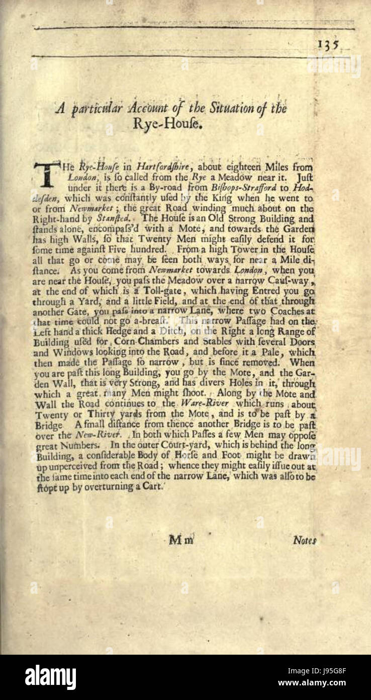 A page from a 1685 book detailing the Rye House, a historical site in ...