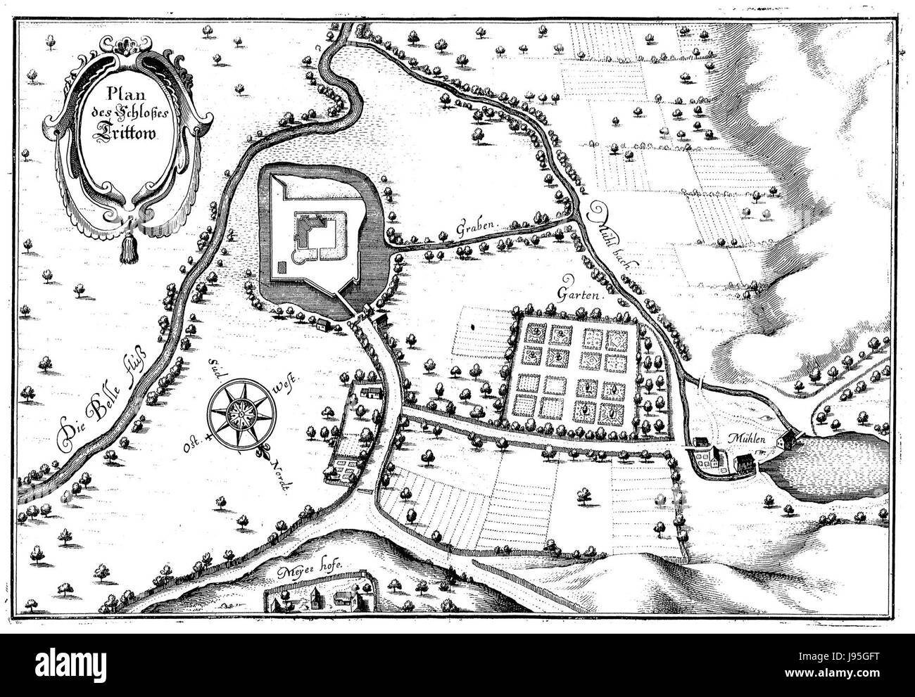 A historical plan of Schloss Trittau, a German castle, drawn by MatthÃ ...