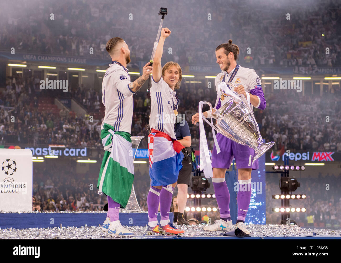 Cardiff, Wales. 3rd June, 2017. (L-R) Sergio Ramos, Luka Modric, Gareth ...