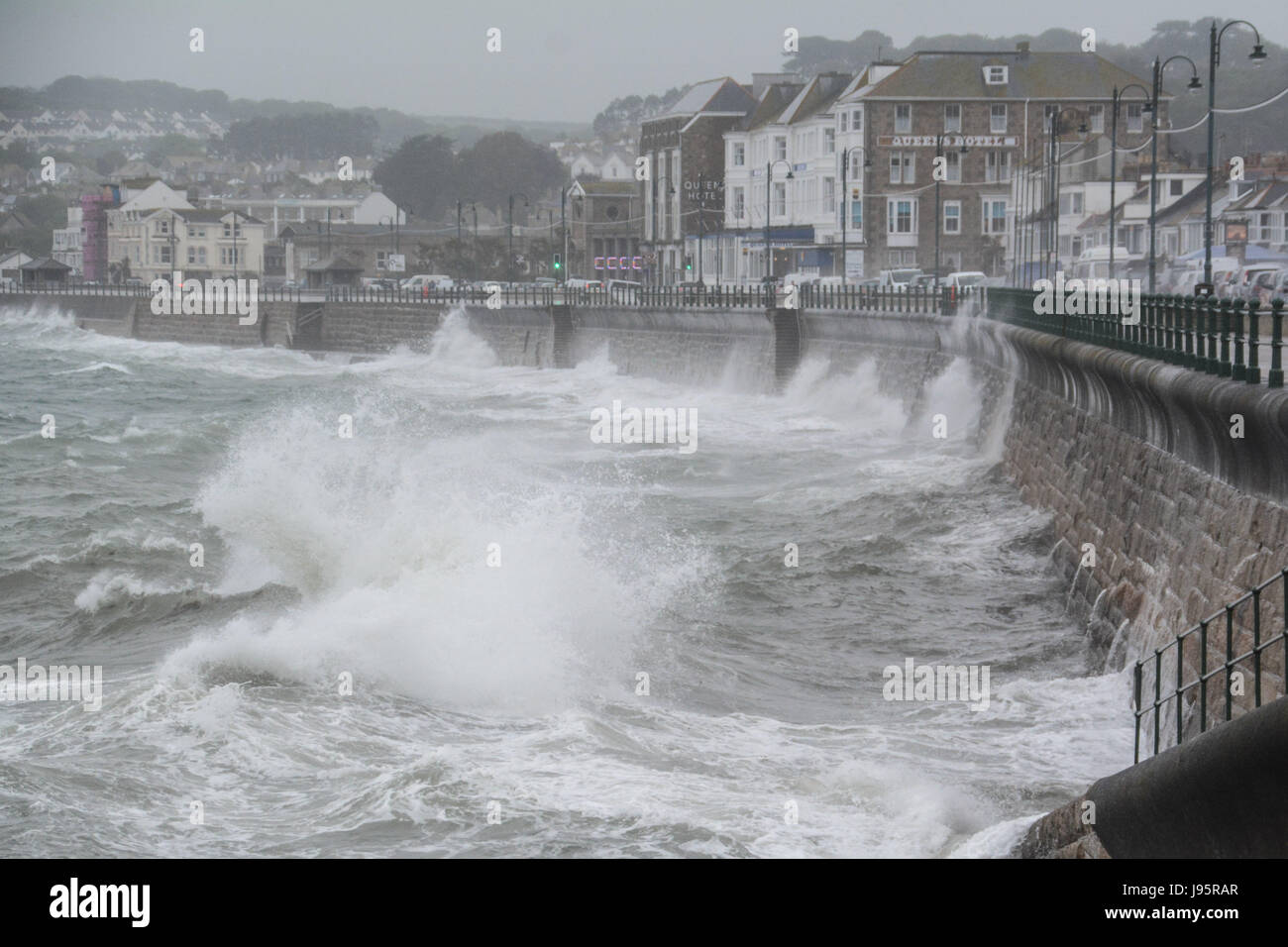 Penzance, Cornwall, UK. 5th June, 2017. UK Weather. Waves breaking over ...