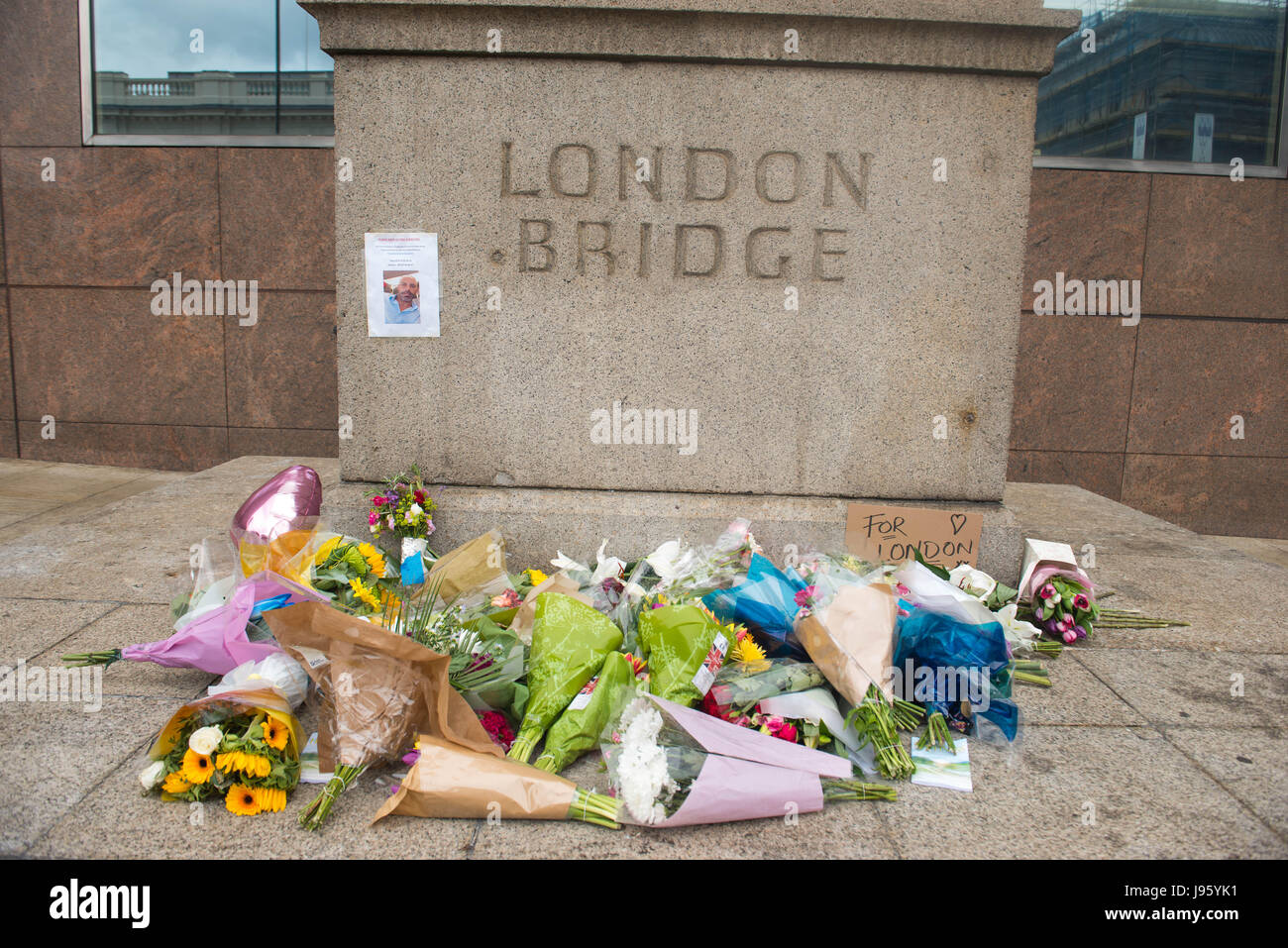 London, UK. 5th June, 2017. A missing persons sign lay on London Bridge ...