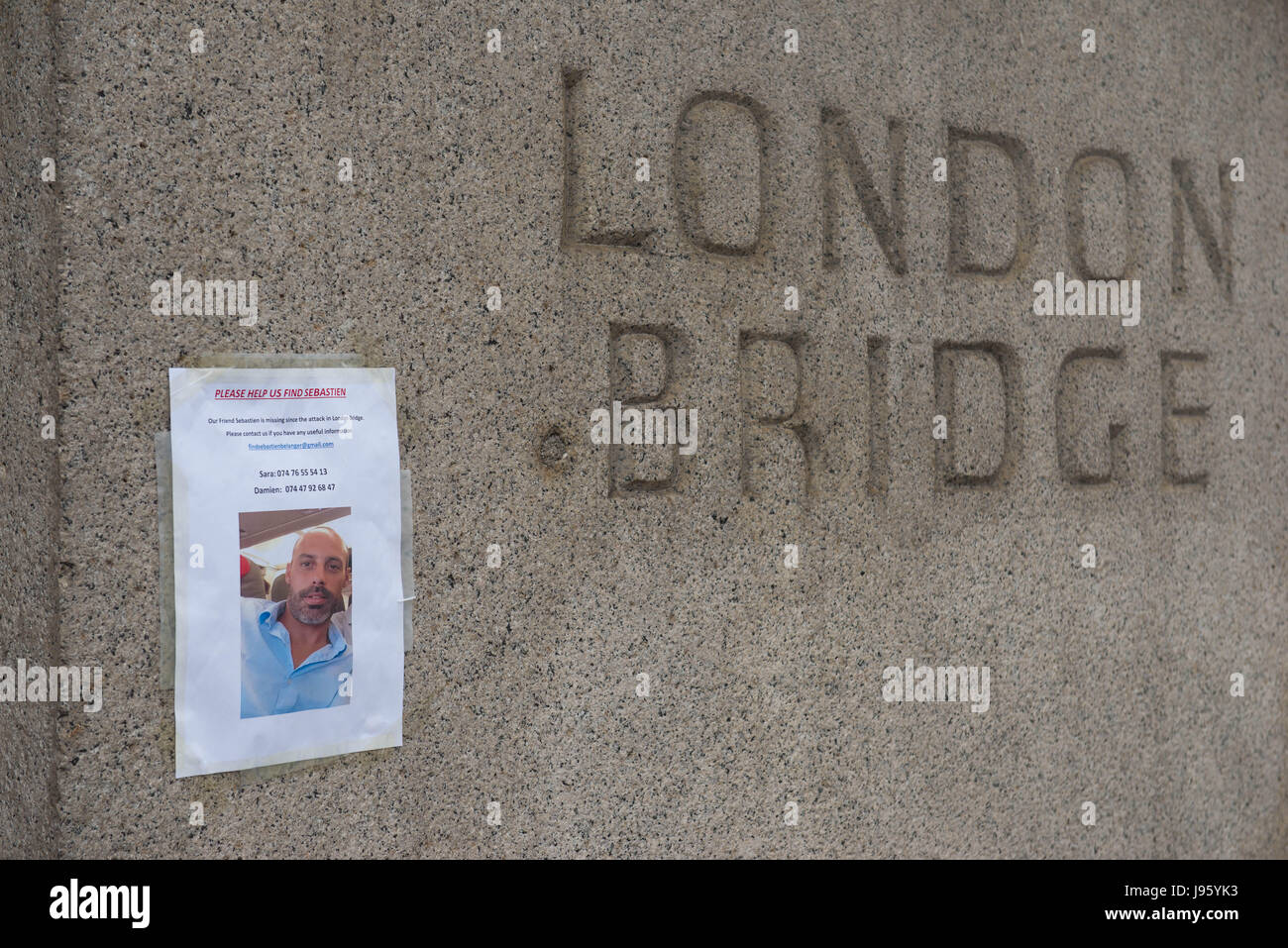 London, UK. 5th June, 2017. A missing persons sign lay on London Bridge ...