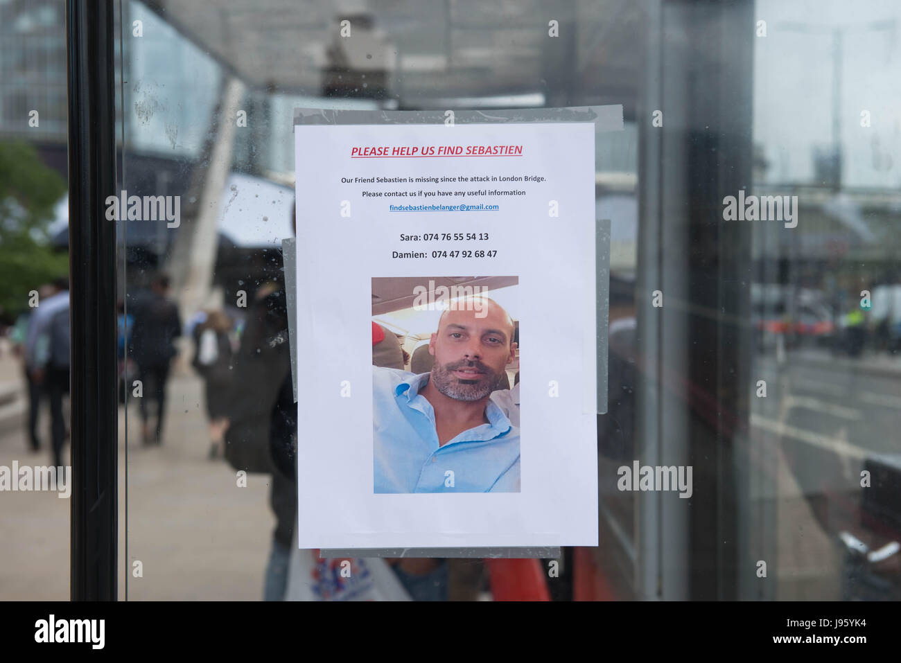 London, UK. 5th June, 2017. A missing persons sign lay on London Bridge ...