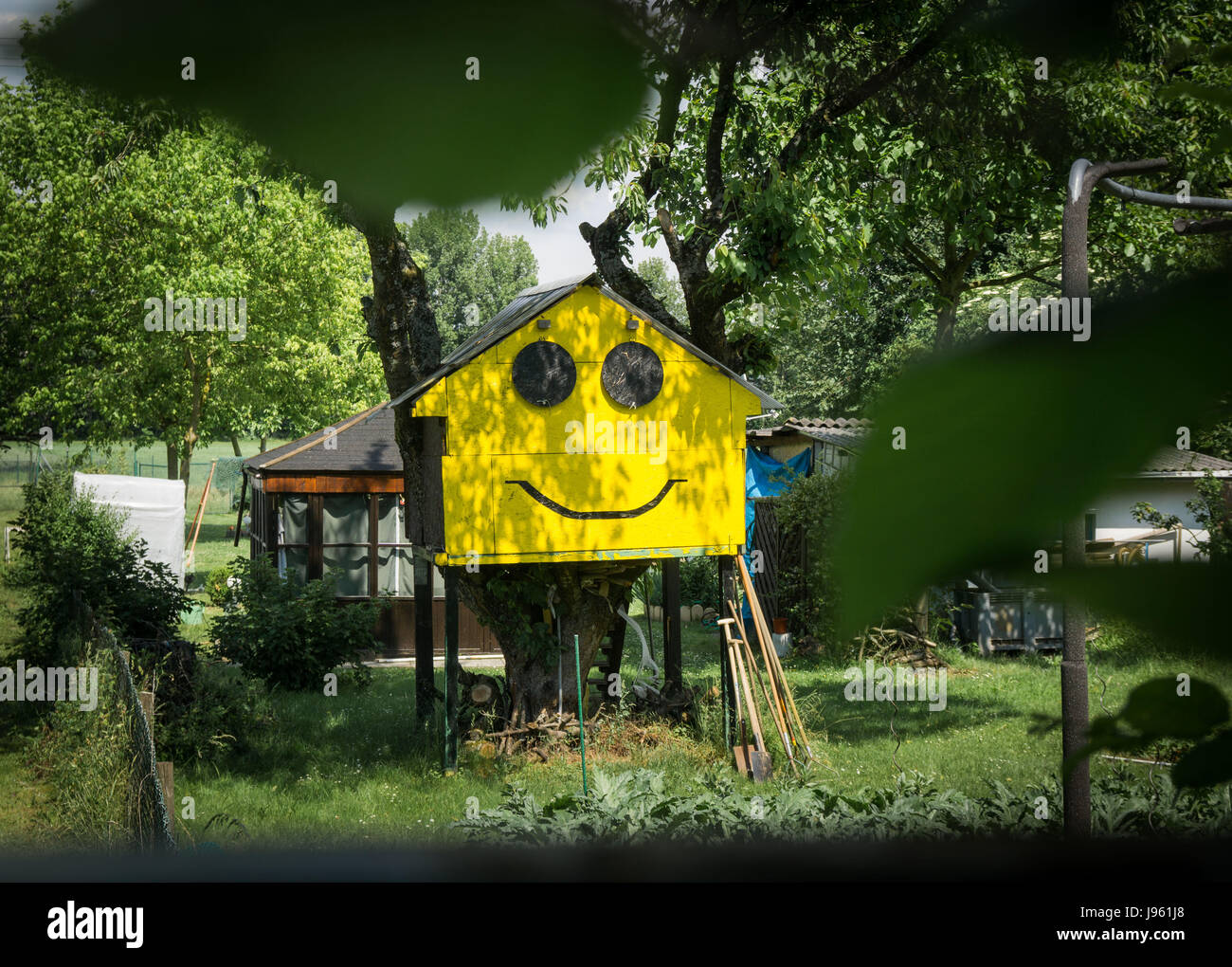 A tree house painted with a smiley face in Frankfurt am Main, Germany ...