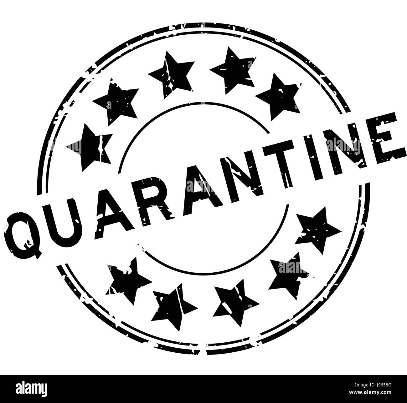Grunge black quarantine with star icon round rubber seal stamp on white ...