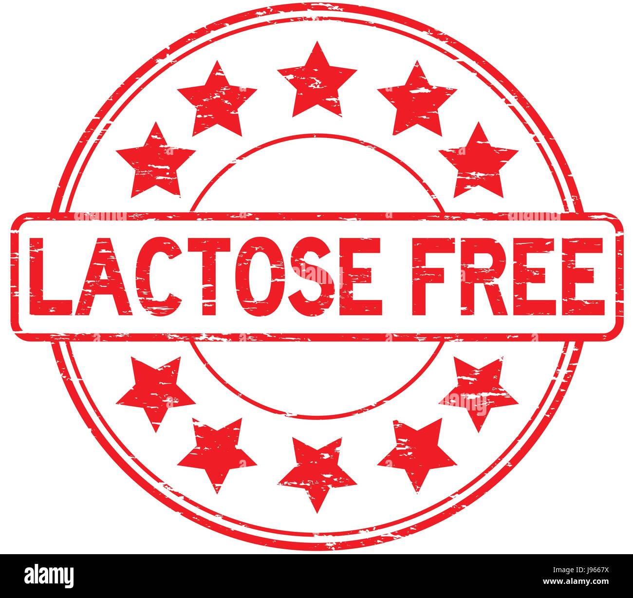 Grunge red lactose free with star icon round rubber stamp on white ...