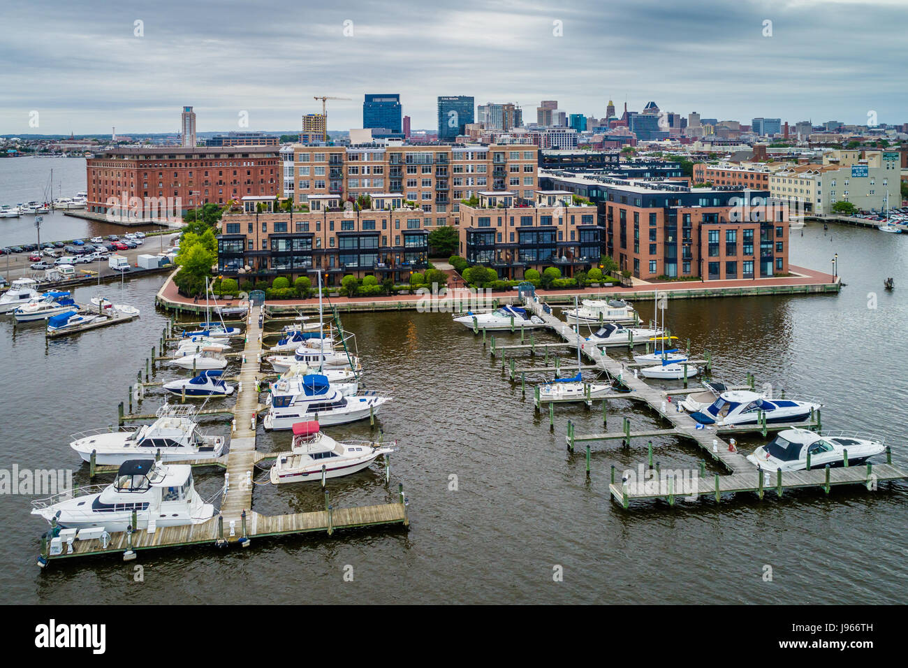 View of a marina and buildings on the waterfront of Fell's Point, in ...