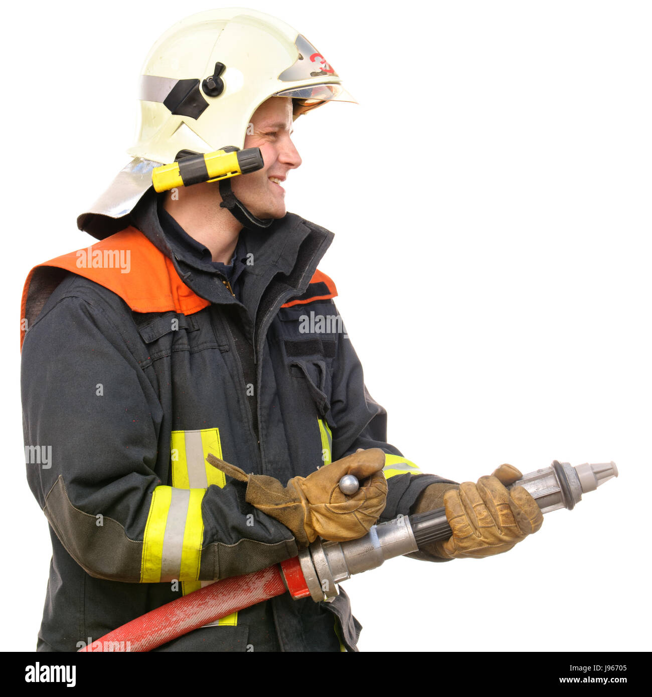 fire brigade, fireman, protective clothing, water hose, discharge ...